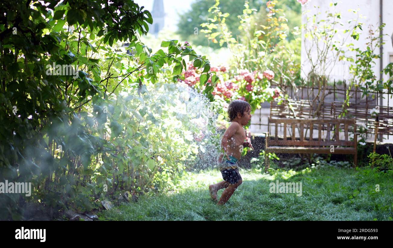 little boy having fun running under water spraying hose in garden ...
