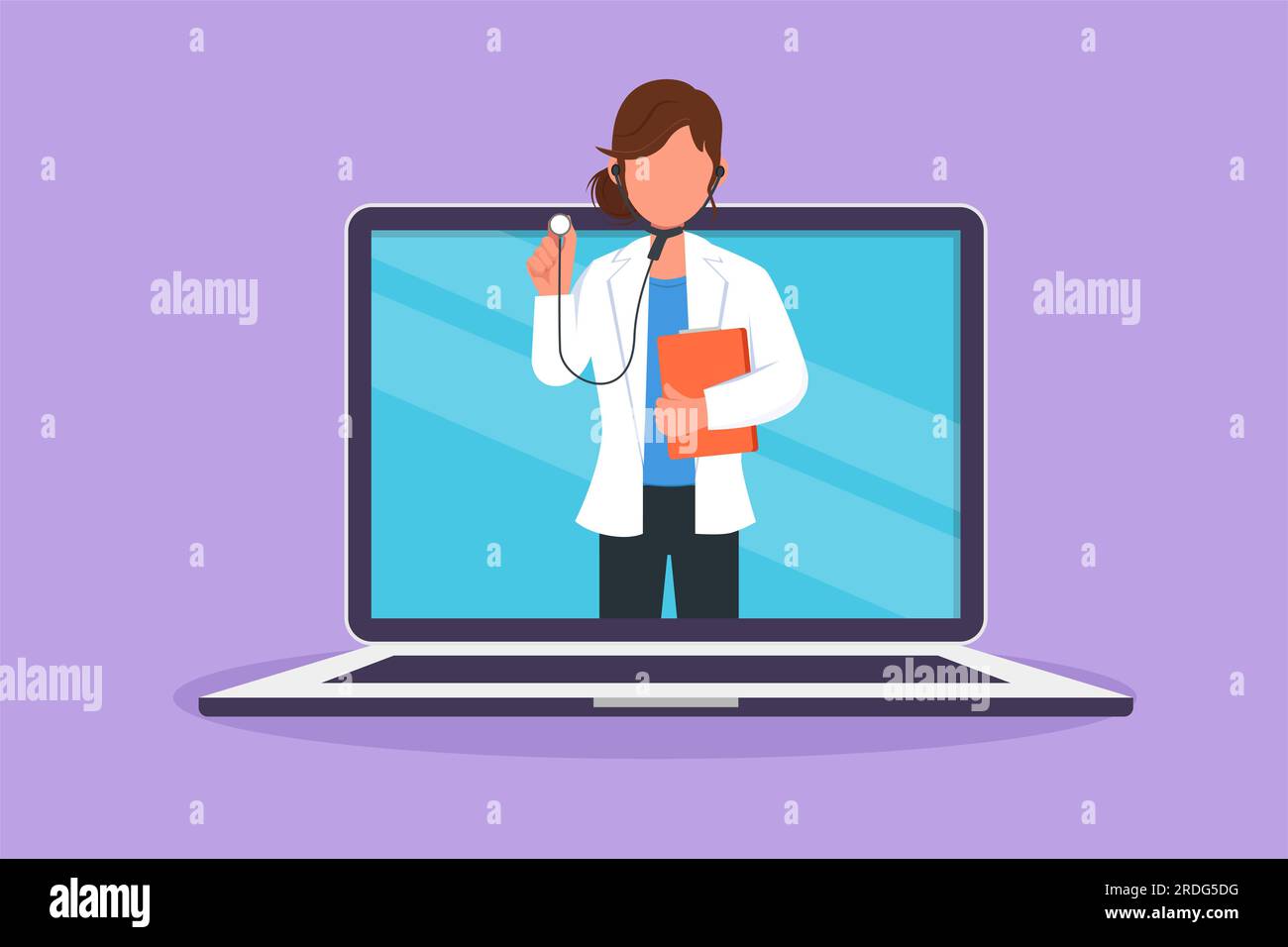 Graphic flat design drawing female doctor comes out of laptop computer ...