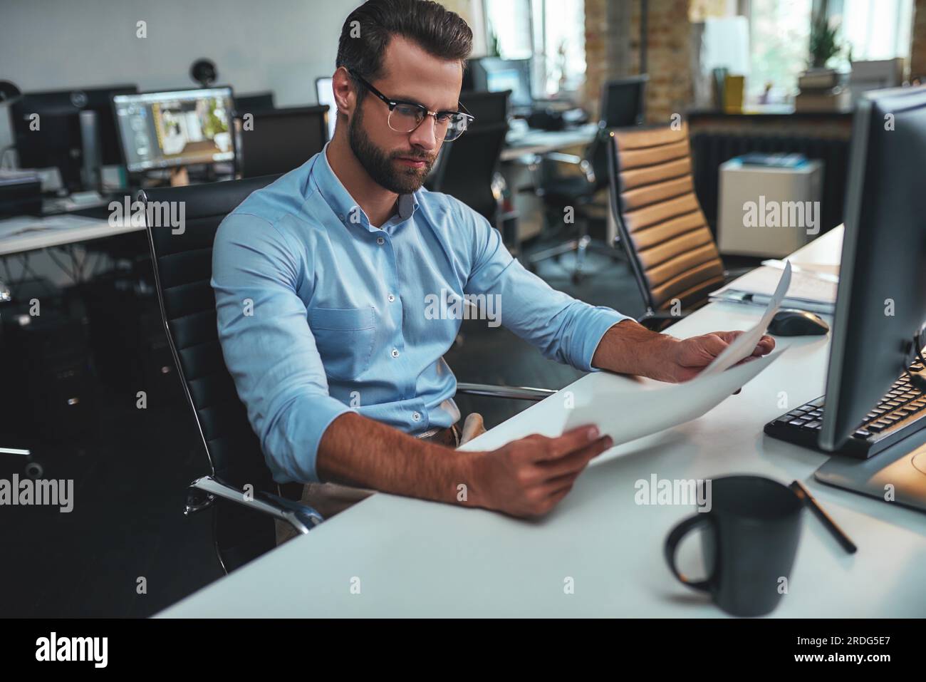 Busy Working Day Concentrated Bearded Man In Eyeglasses And Formal