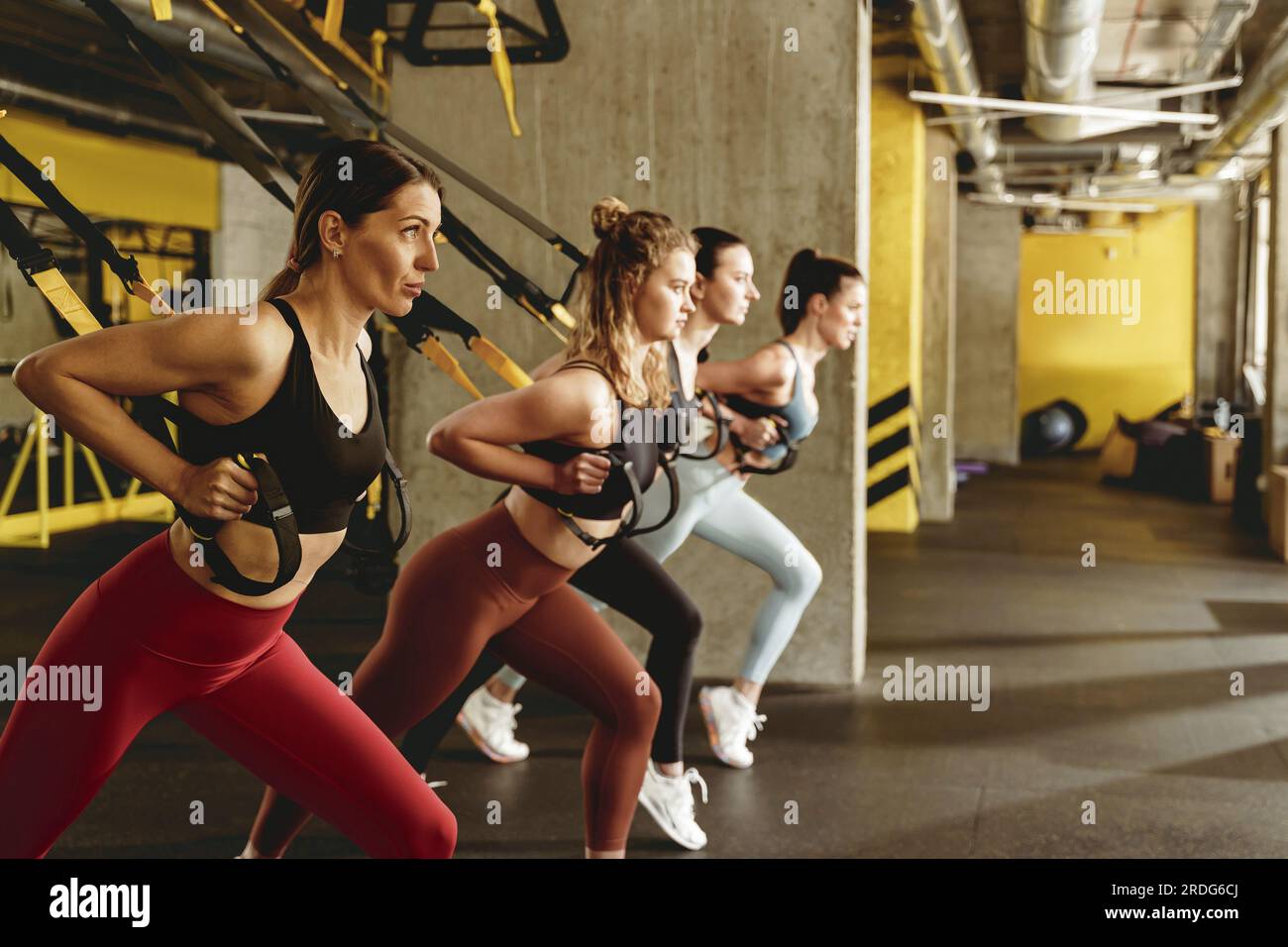 Group of women do resistance exercise TRX for training slim body pull ...
