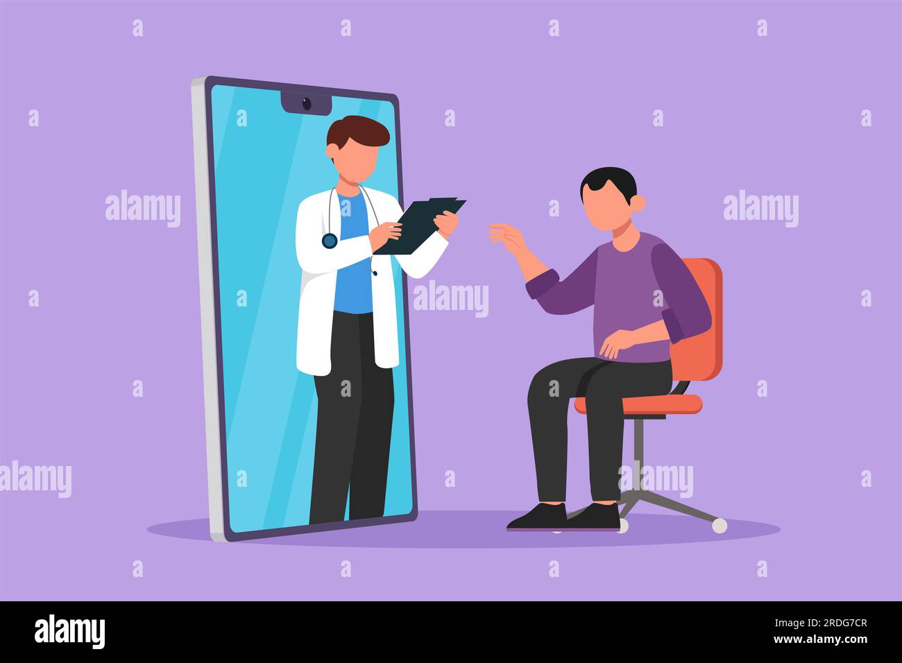 Cartoon flat style drawing male doctor come out of smartphone screen ...