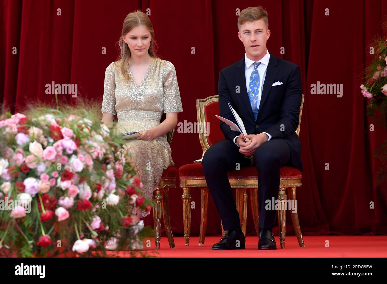 Belgium's Princess Eleonore, left, and Prince Emmanuel sit on the ...