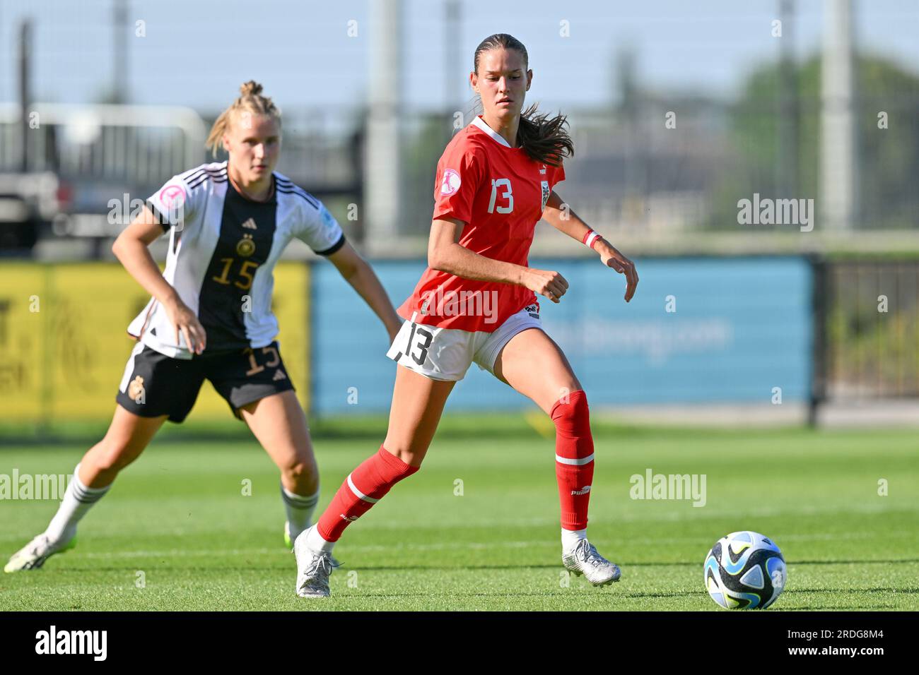 Tubize, Belgium. 18th July, 2023. Valentina Madl (13) of Austria pictured during a female soccer ...
