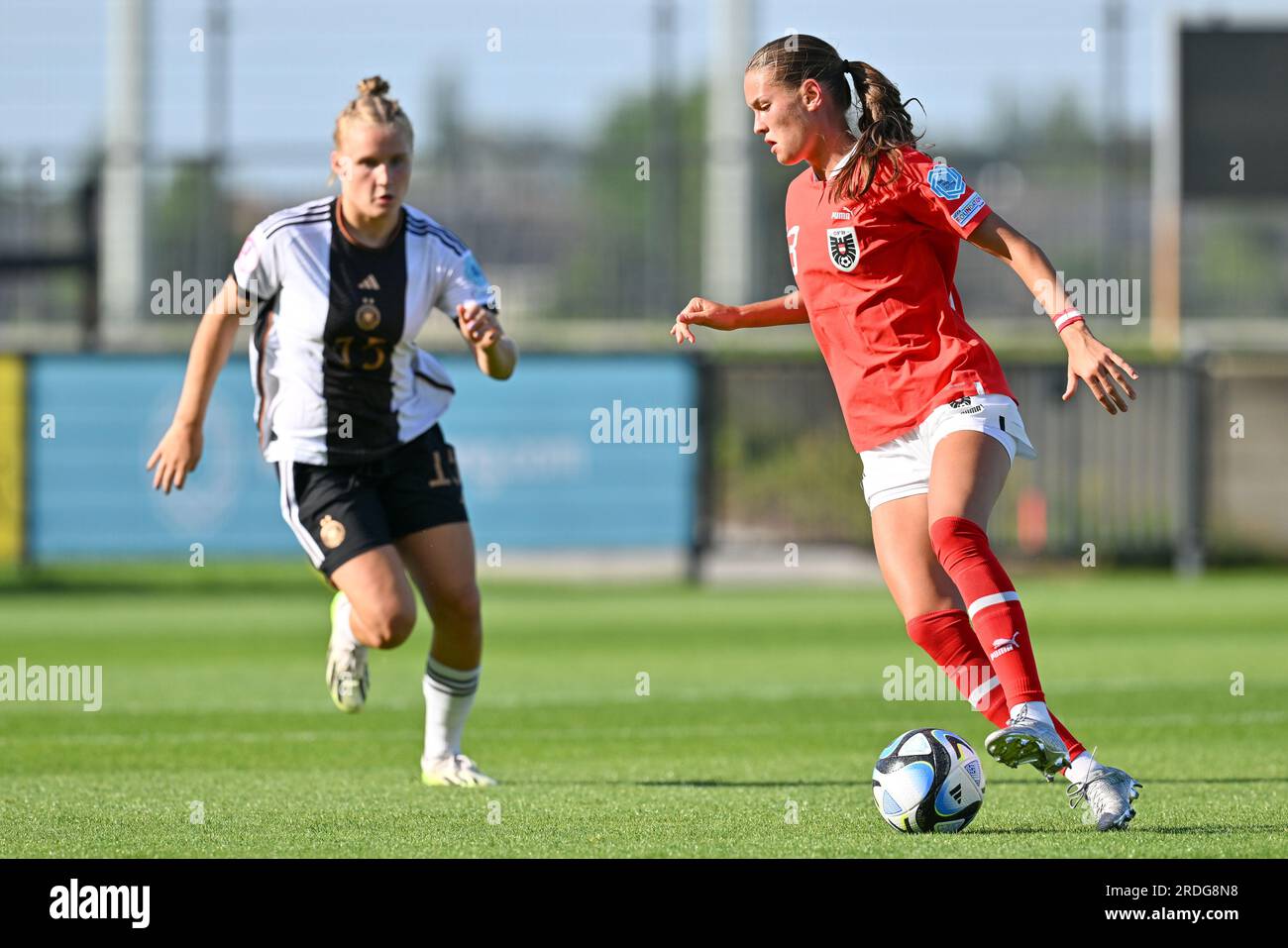 Tubize, Belgium. 18th July, 2023. Valentina Madl (13) of Austria pictured during a female soccer ...