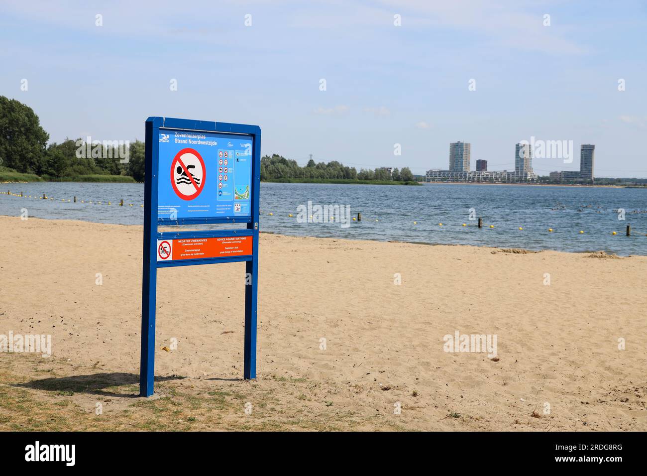 Warning signs at Zevenhuizerplas for Zwemmersjeuk (Swimmer's itch, also ...