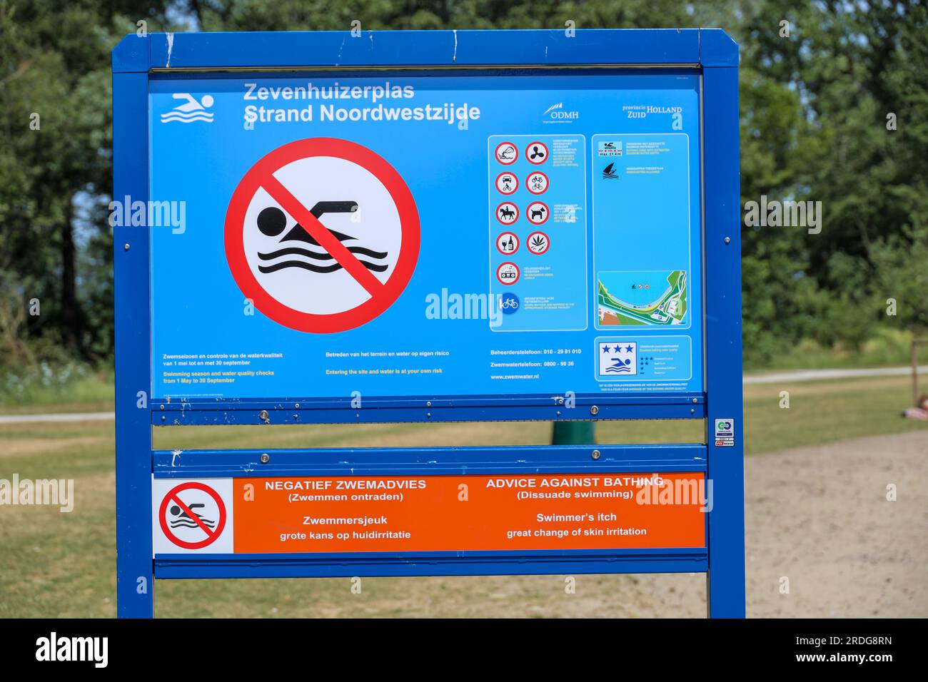 Warning signs at Zevenhuizerplas for Zwemmersjeuk (Swimmer's itch, also ...