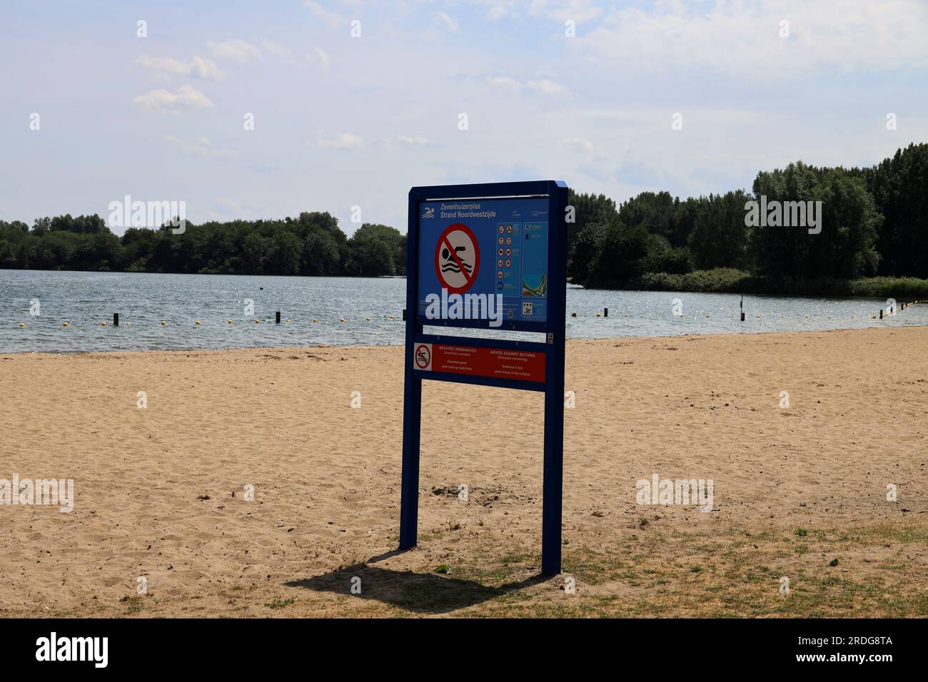 Warning signs at Zevenhuizerplas for Zwemmersjeuk (Swimmer's itch, also ...