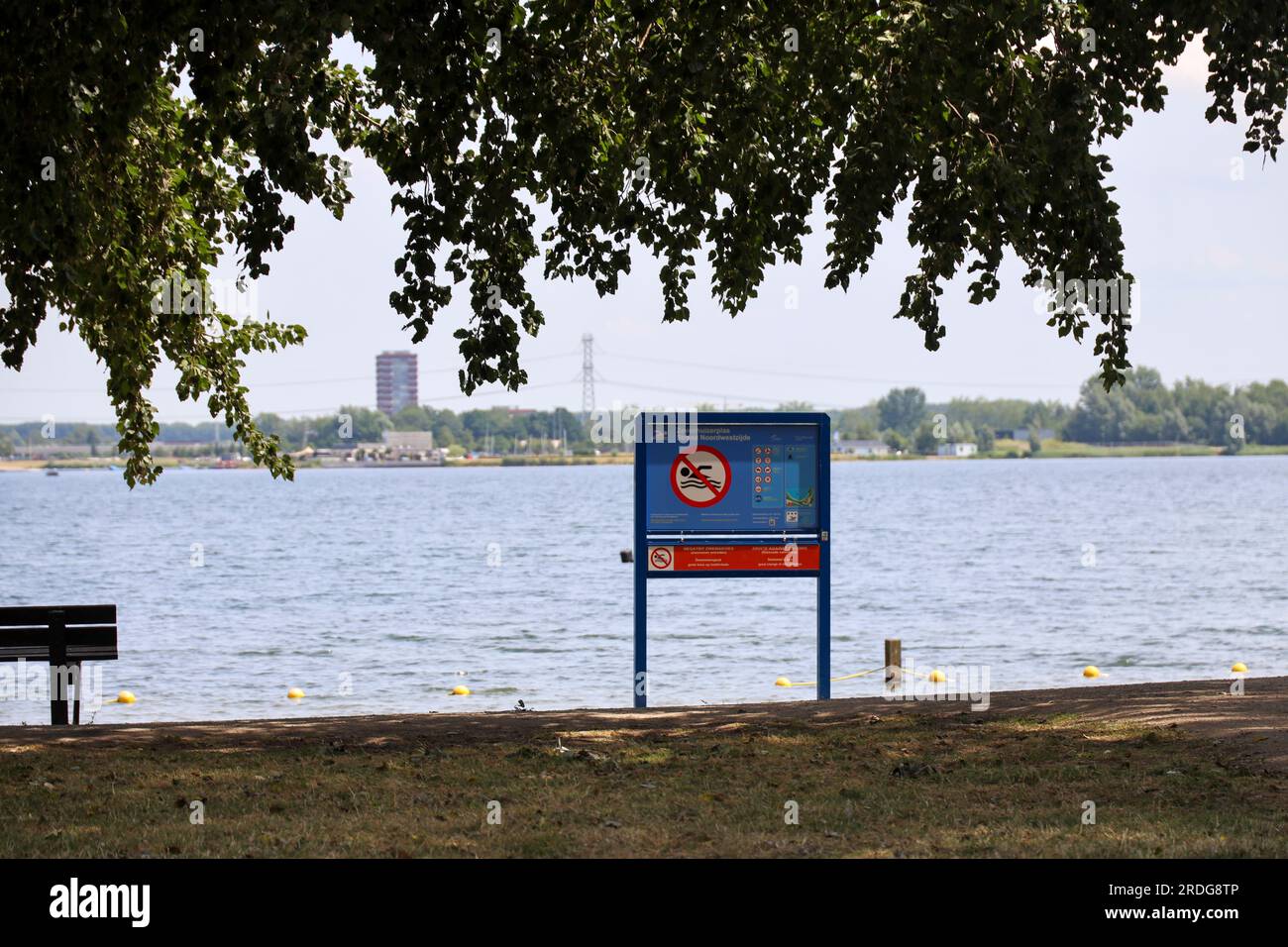 Warning signs at Zevenhuizerplas for Zwemmersjeuk (Swimmer's itch, also ...