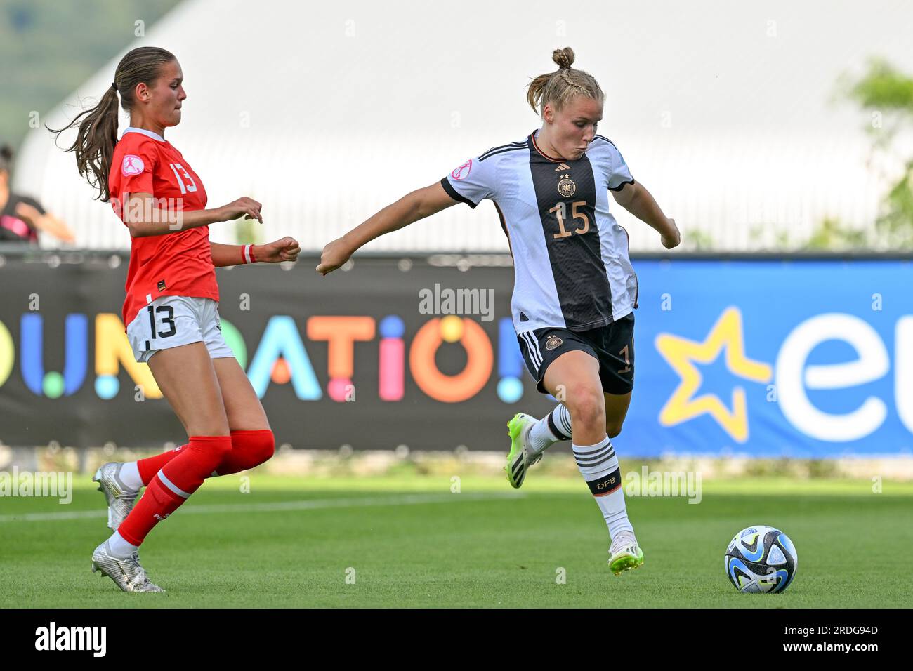 Valentina Madl (13) of Austria and Jella Veit (15) of Germany pictured during a female soccer ...
