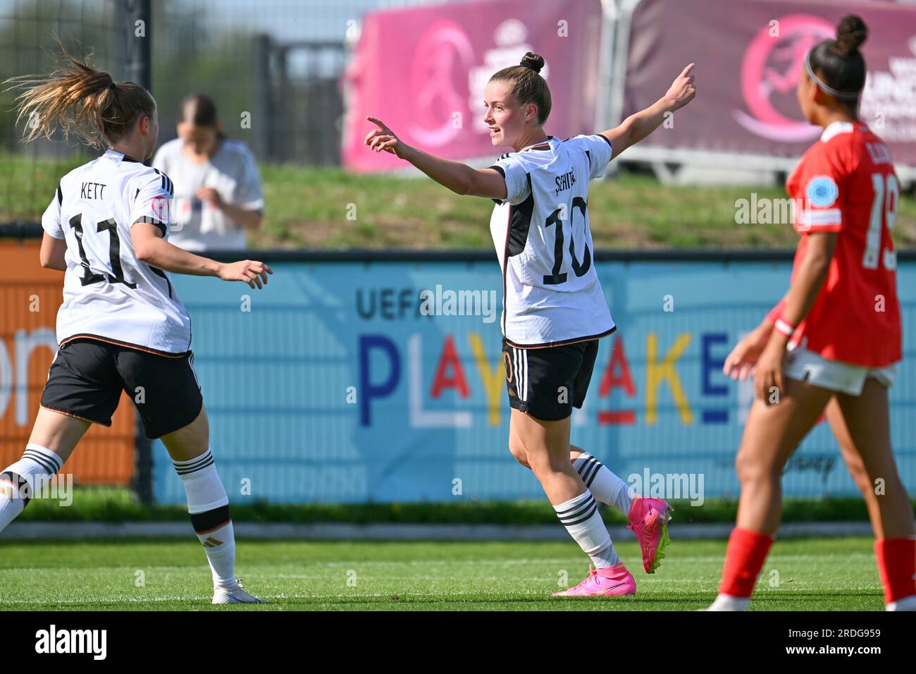 Alara Sehitler (10) of Germany pictured celebrating after scoring a goal during a female soccer ...