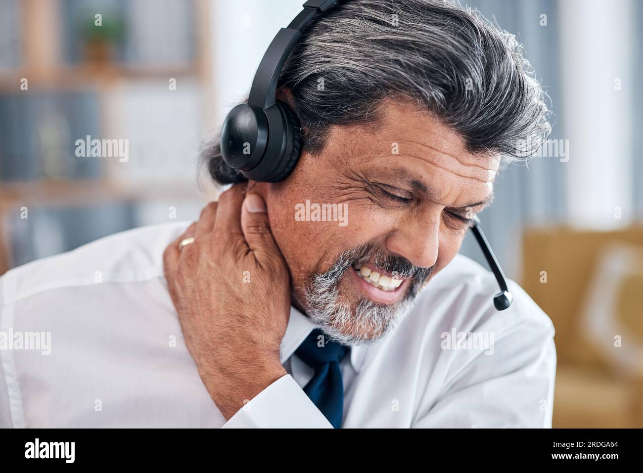 Neck pain problem, call center and business man with anatomy injury ...