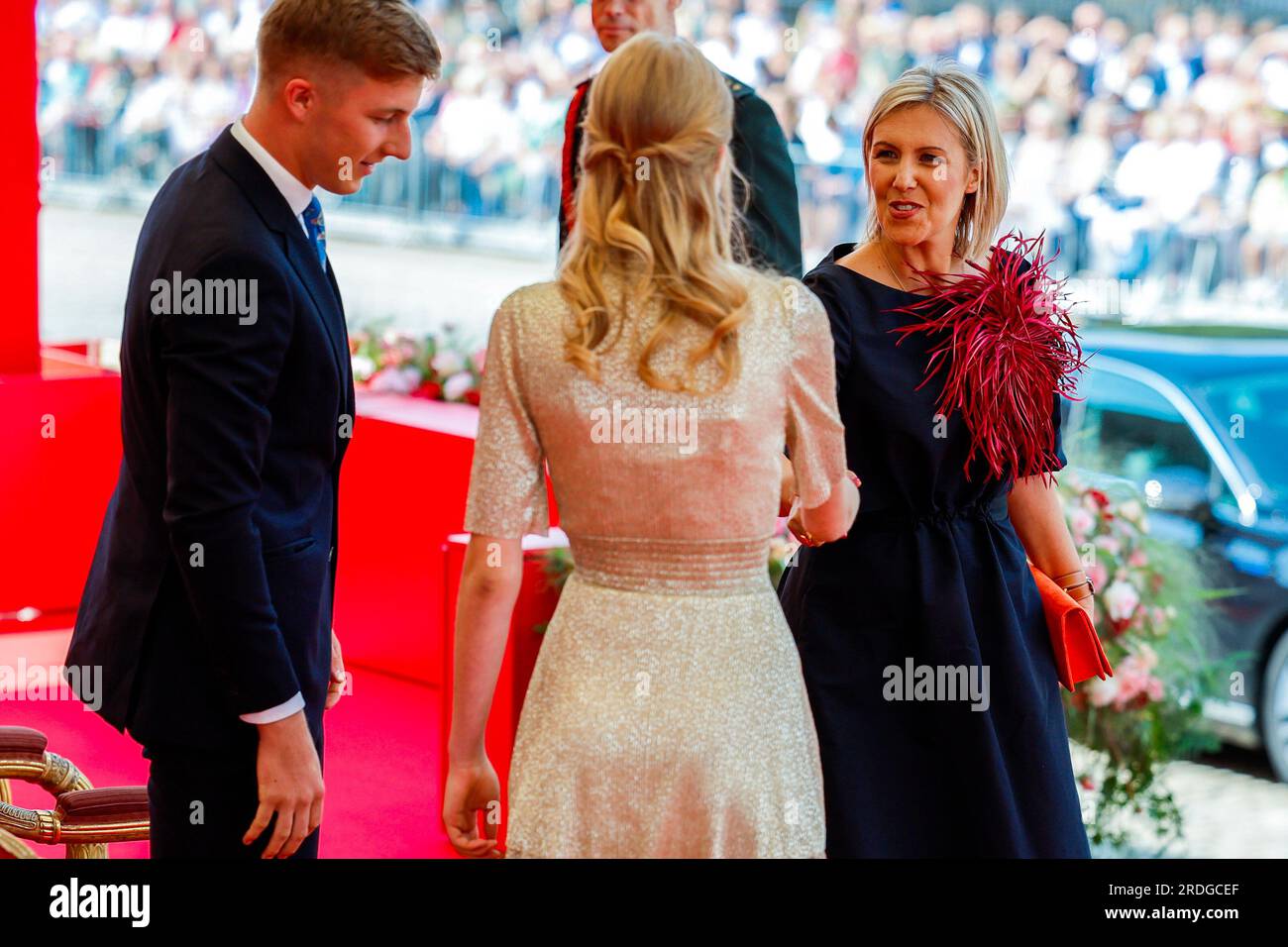 Belgium's Defense Minister Ludivine Dedonder, right, greets Belgium's ...