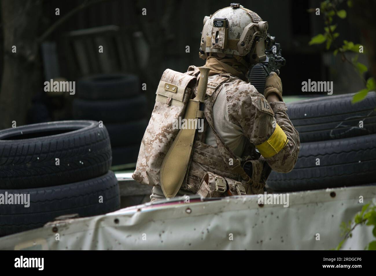 airsoft player in american uniform on playground Stock Photo - Alamy
