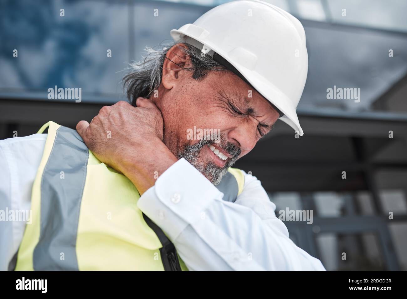Engineering, man and neck pain for construction building, labor and ...
