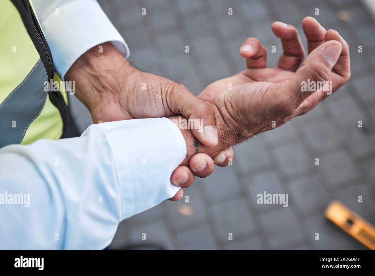 Wrist pain, hands and city person, architect or construction worker ...