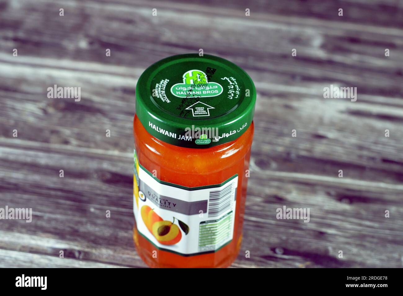 Cairo, Egypt, July 15 2023: Halwani Bros Apricot jam Haalwani bottle ...