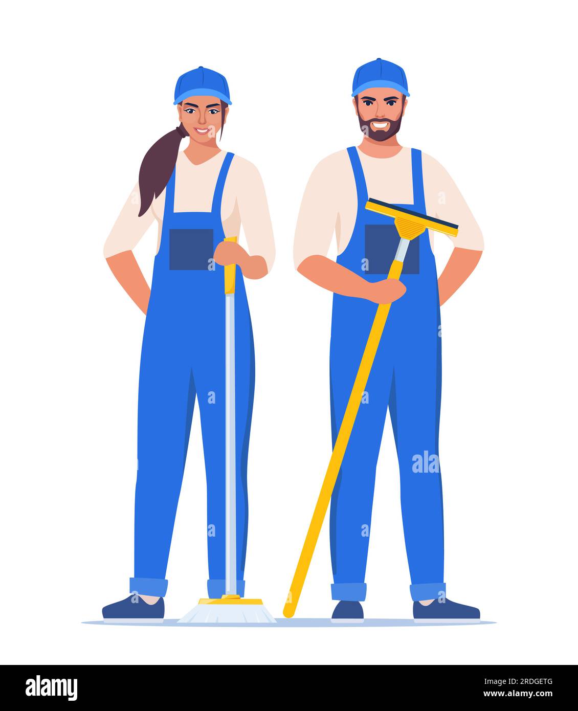 Cleaning service man and woman character in uniform with mop and glass ...