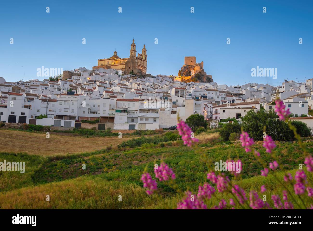 Olvera Skyline at sunset with Illuminated Castle and Church - Olvera ...