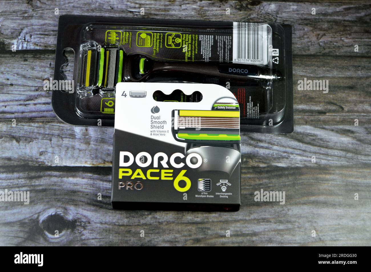 Cairo, Egypt, July 5 2023: Dorco Pace 6 Pro for shaving comes with ...