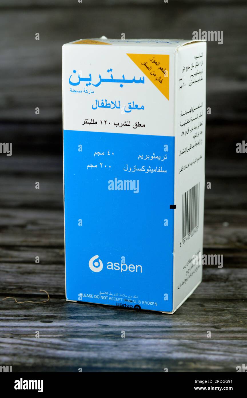 Cairo, Egypt, July 10 2023: Septrin 40mg 200mg per 5ml Paediatric ...