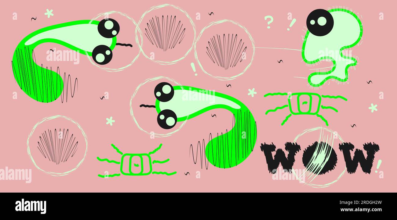 A set of funny characters. Doodle. The snake and the alien. Green baby ...