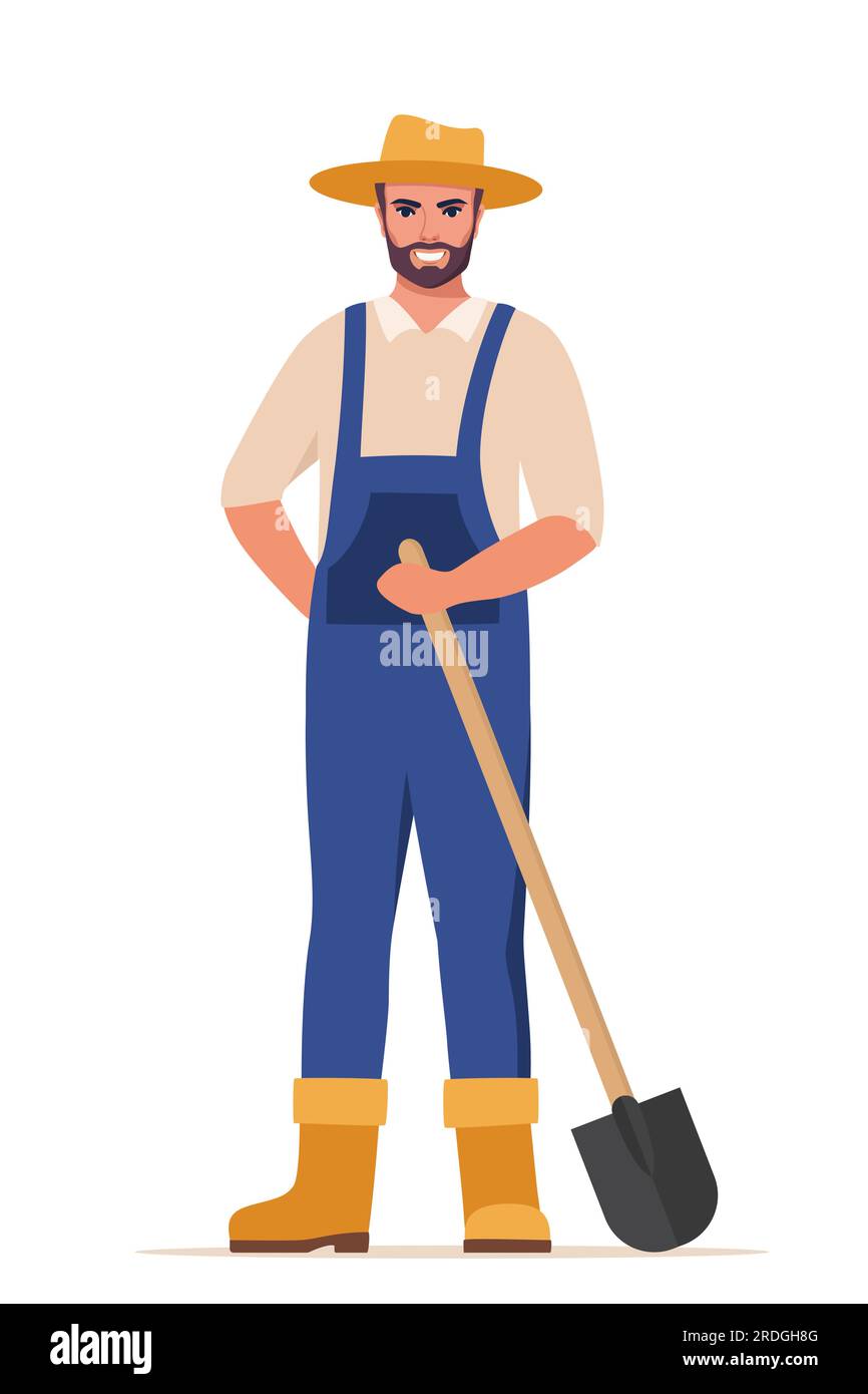 Farmer holding shovel in hand. Farmer standing with spade. Farming work ...