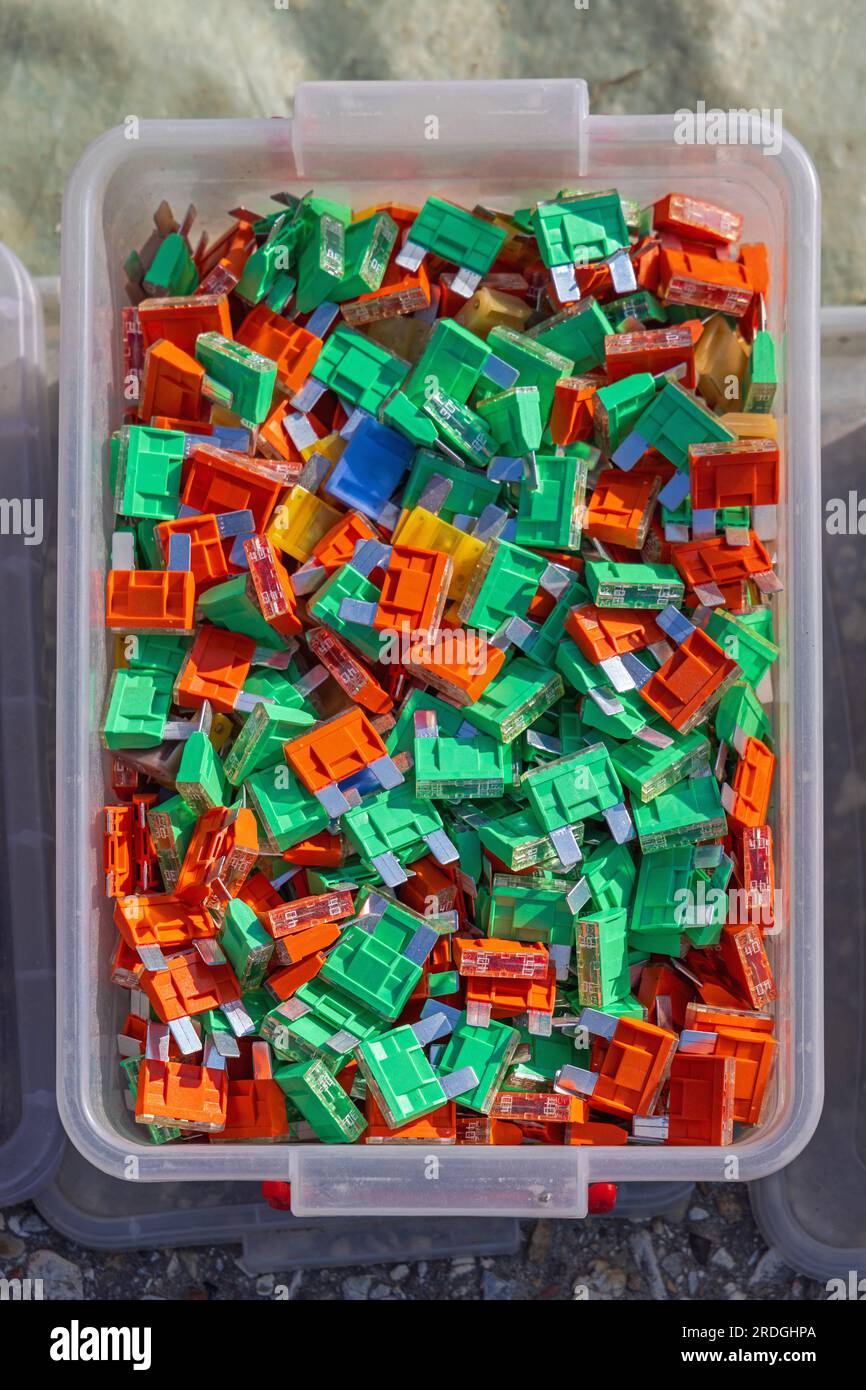 Colour Coded Fast Blade Fuses in Plastic Box Stock Photo - Alamy