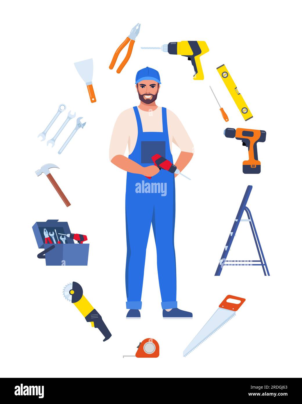 Repairman or mechanic and collection of tools. Man character in uniform ...