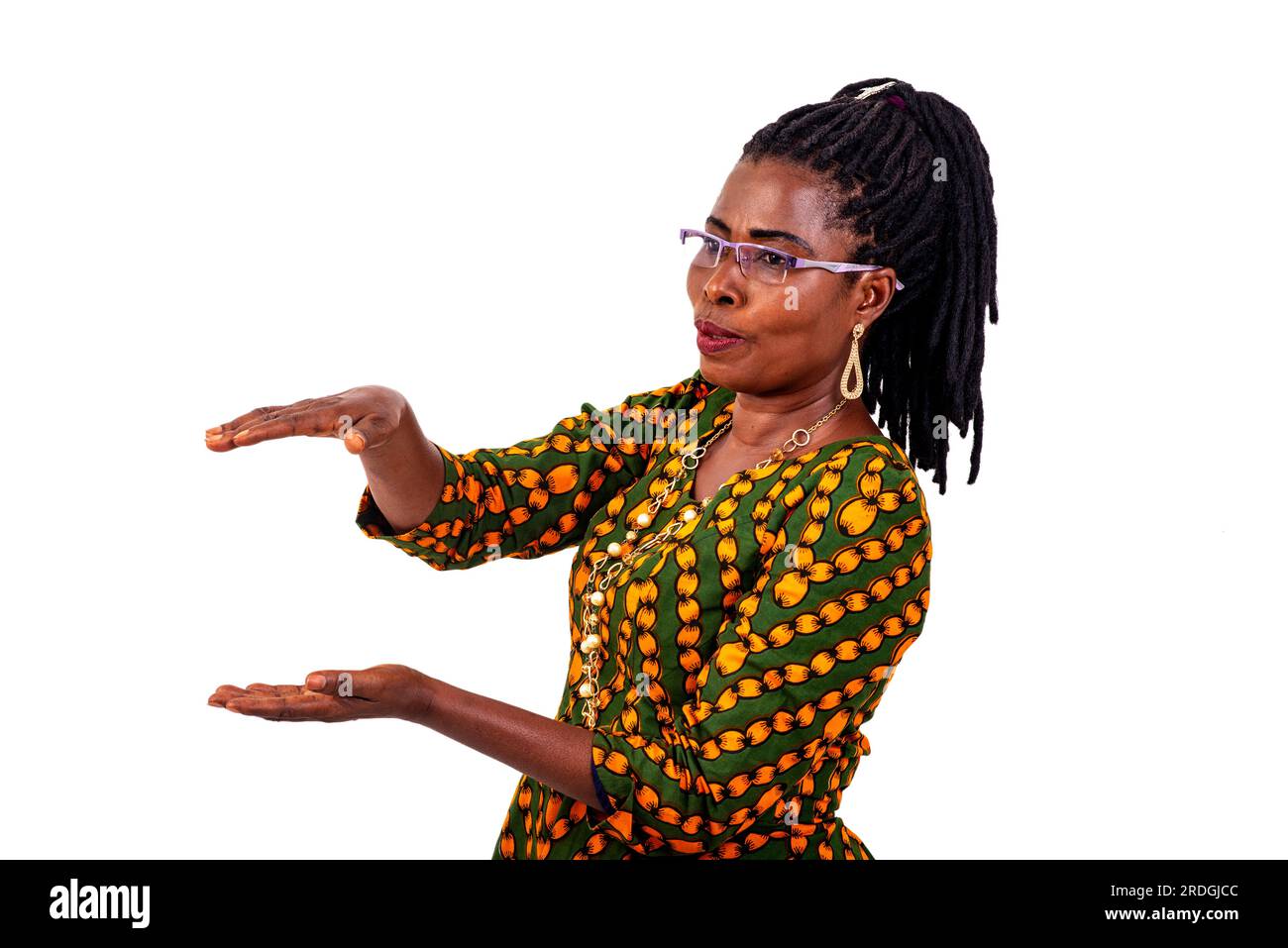 portrait of a beautiful adult woman with both hands showing big and big ...