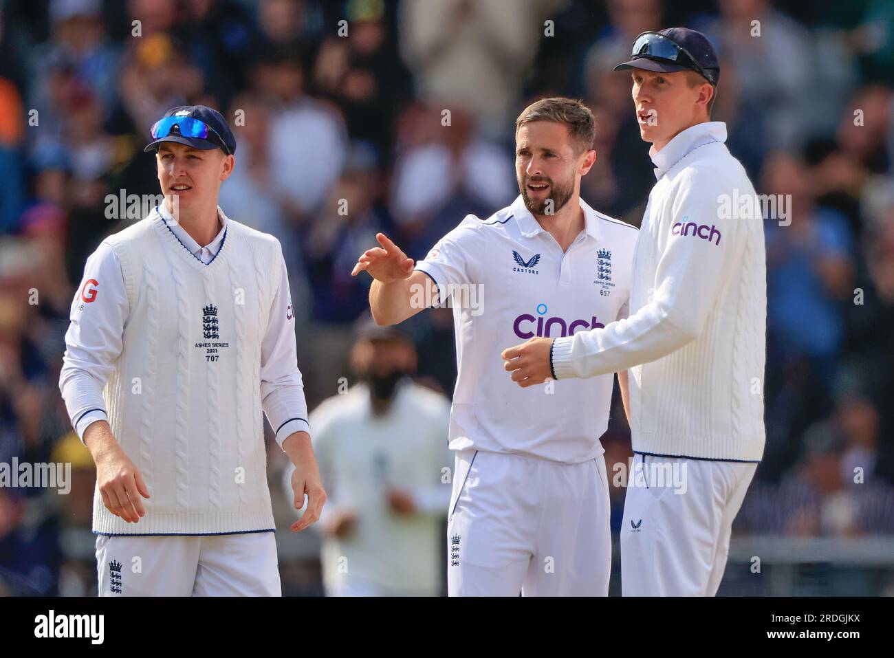 Chris Woakes of England celebrates the wicket of David Warner of ...