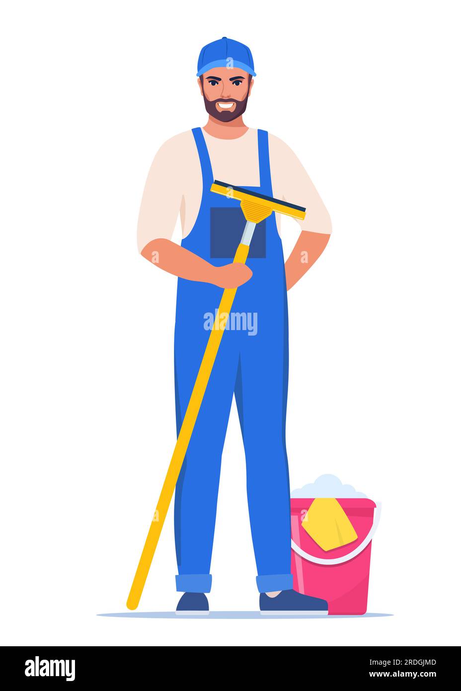 Cleaning service man character in uniform with glass cleaning scraper ...