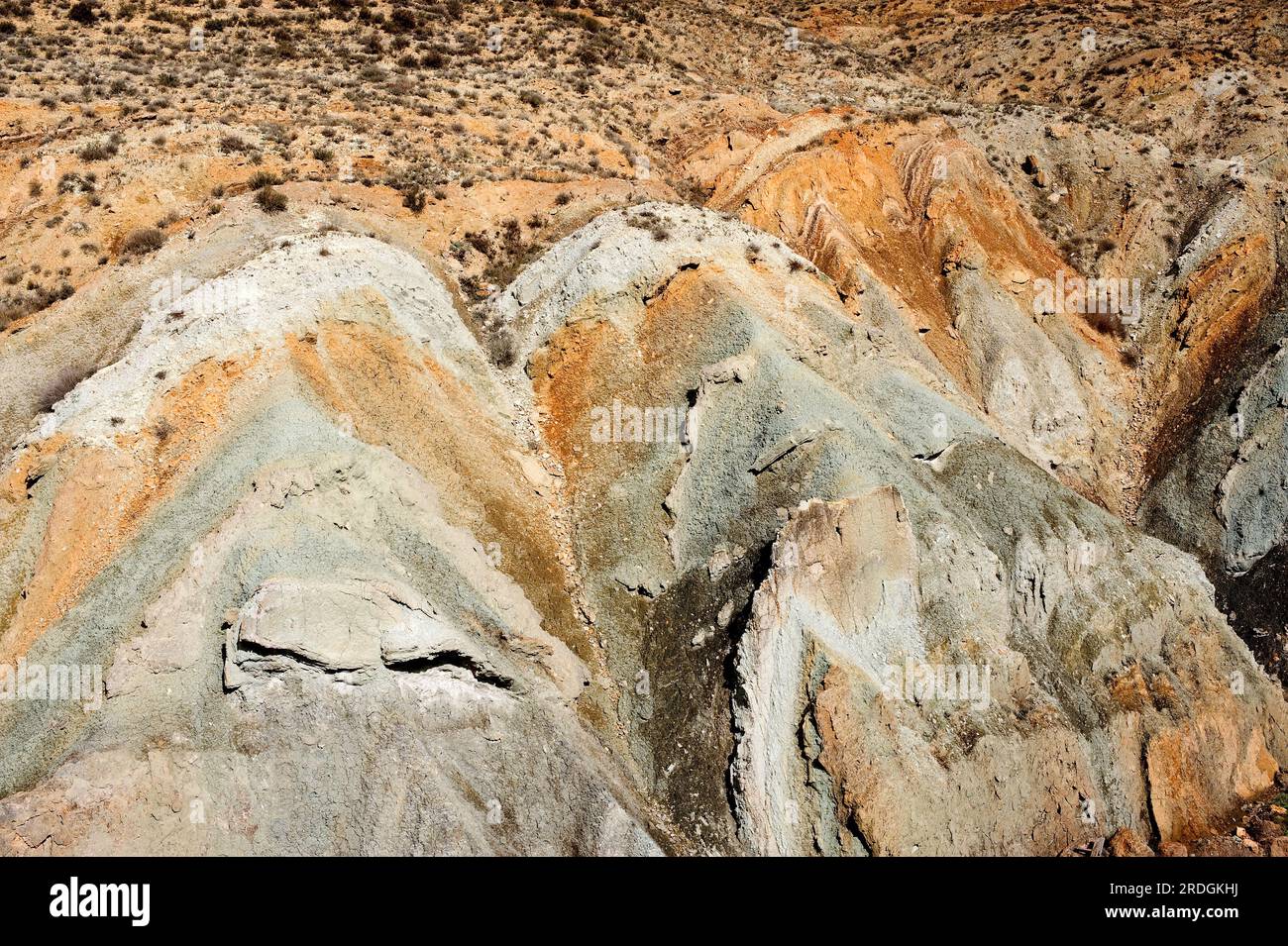 Vertical strata with gypsum and clay. Villel, Teruel, Aragon, Spain ...