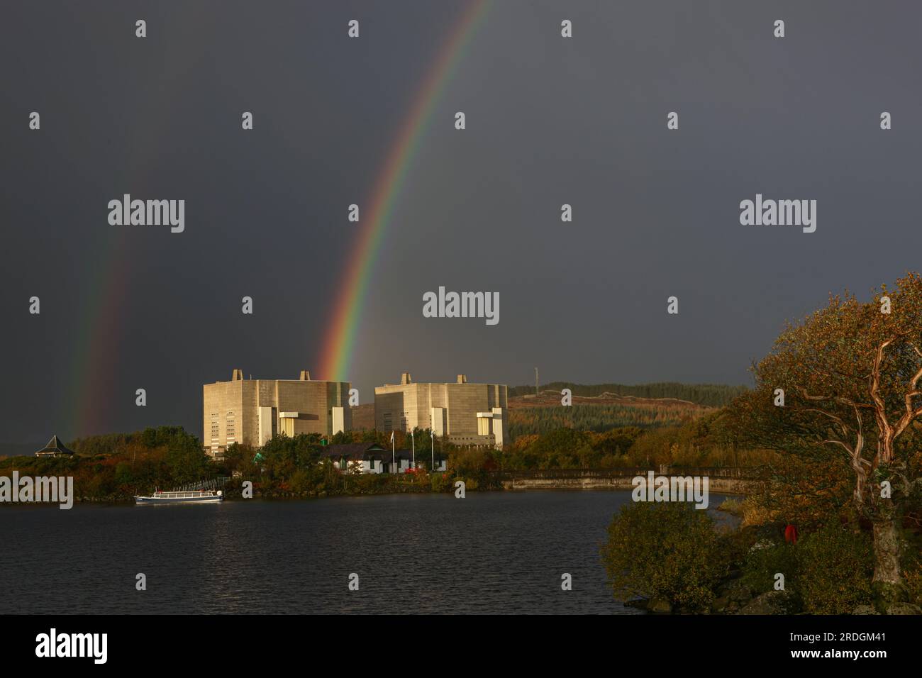 An autumnal view of Trawsfynydd Nuclear power station with a rainbow ...