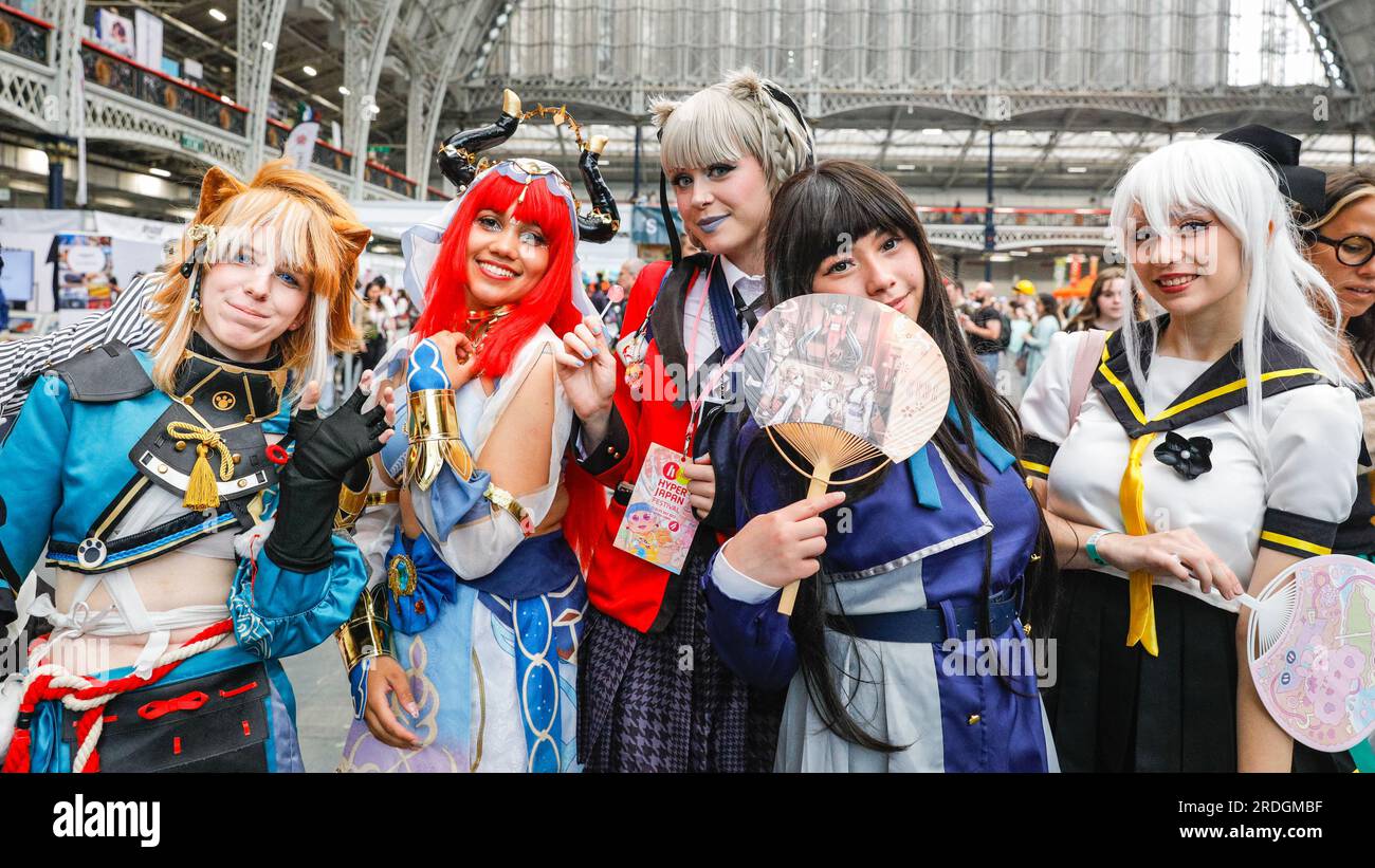 London, UK. 21st July, 2023. A group in cosplay outfits pose. Visitors ...