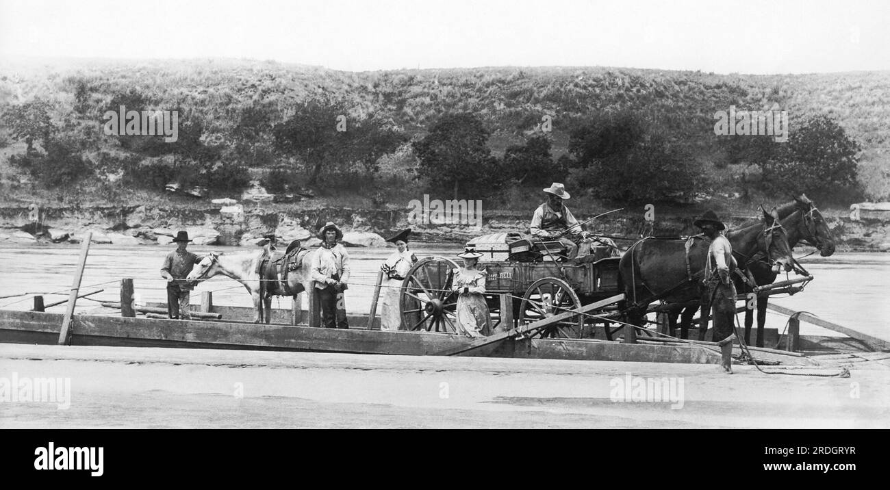 Byers, Texas: c. 1890 A ferry carrying a family and their wagon and ...