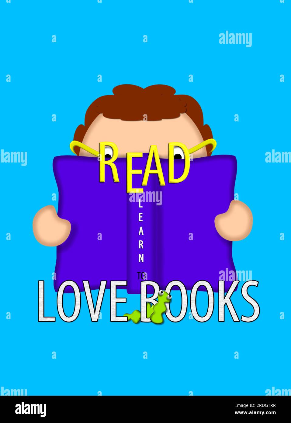 Illustration shows child holding an open book and looking through glasses in the shape of the ...