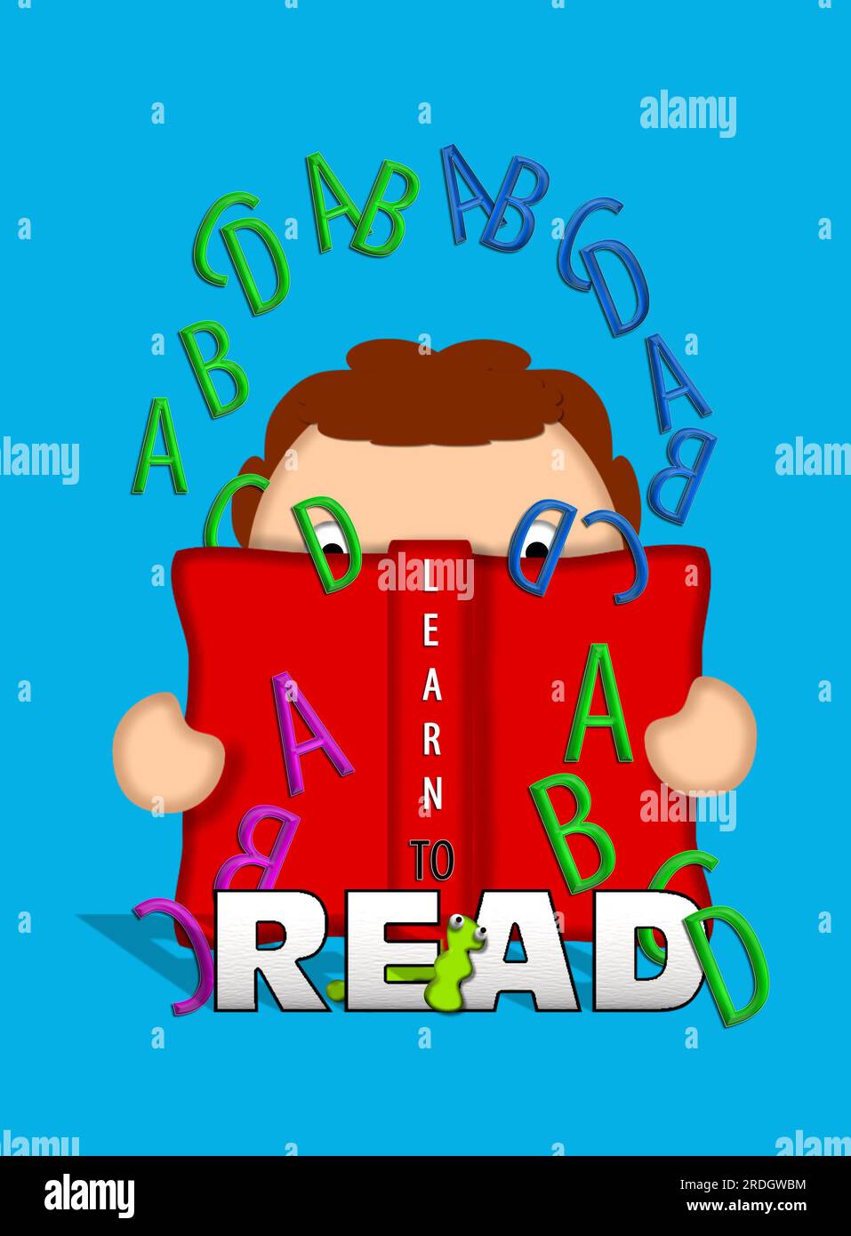 Illustration shows child holding an open book and looking through letters of the alphabet that ...