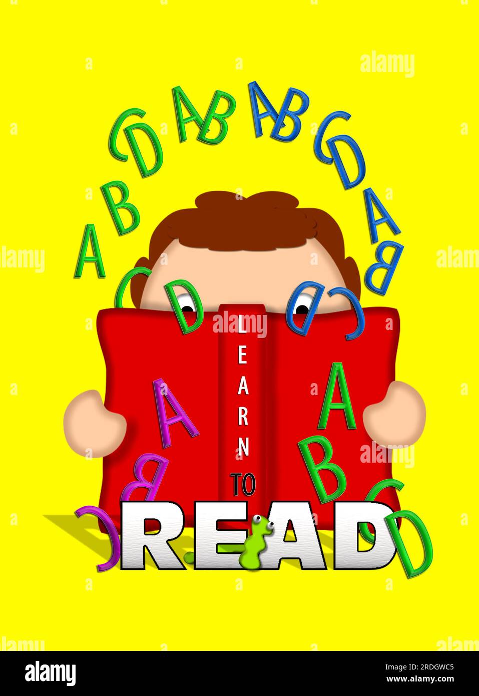 Illustration shows child holding an open book and looking through letters of the alphabet that ...