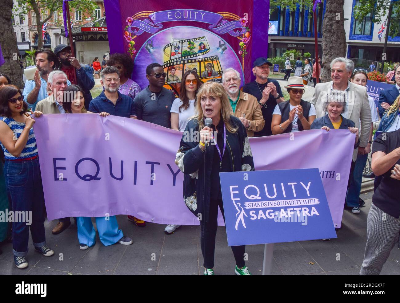 London, UK. 21st July 2023. Equity President Lynda Rooke gives a speech ...