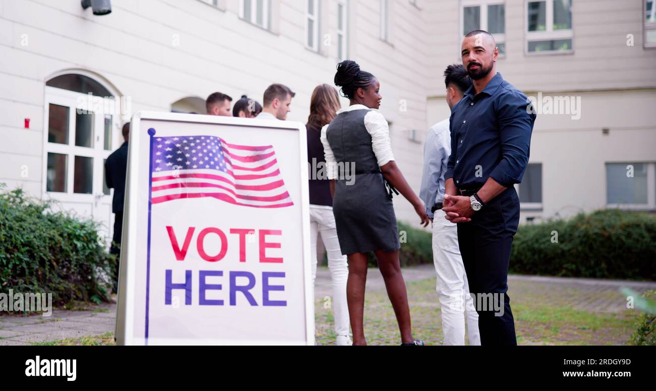 Diverse People At Voting Booth. Vote Here Elections Sign Stock Photo ...