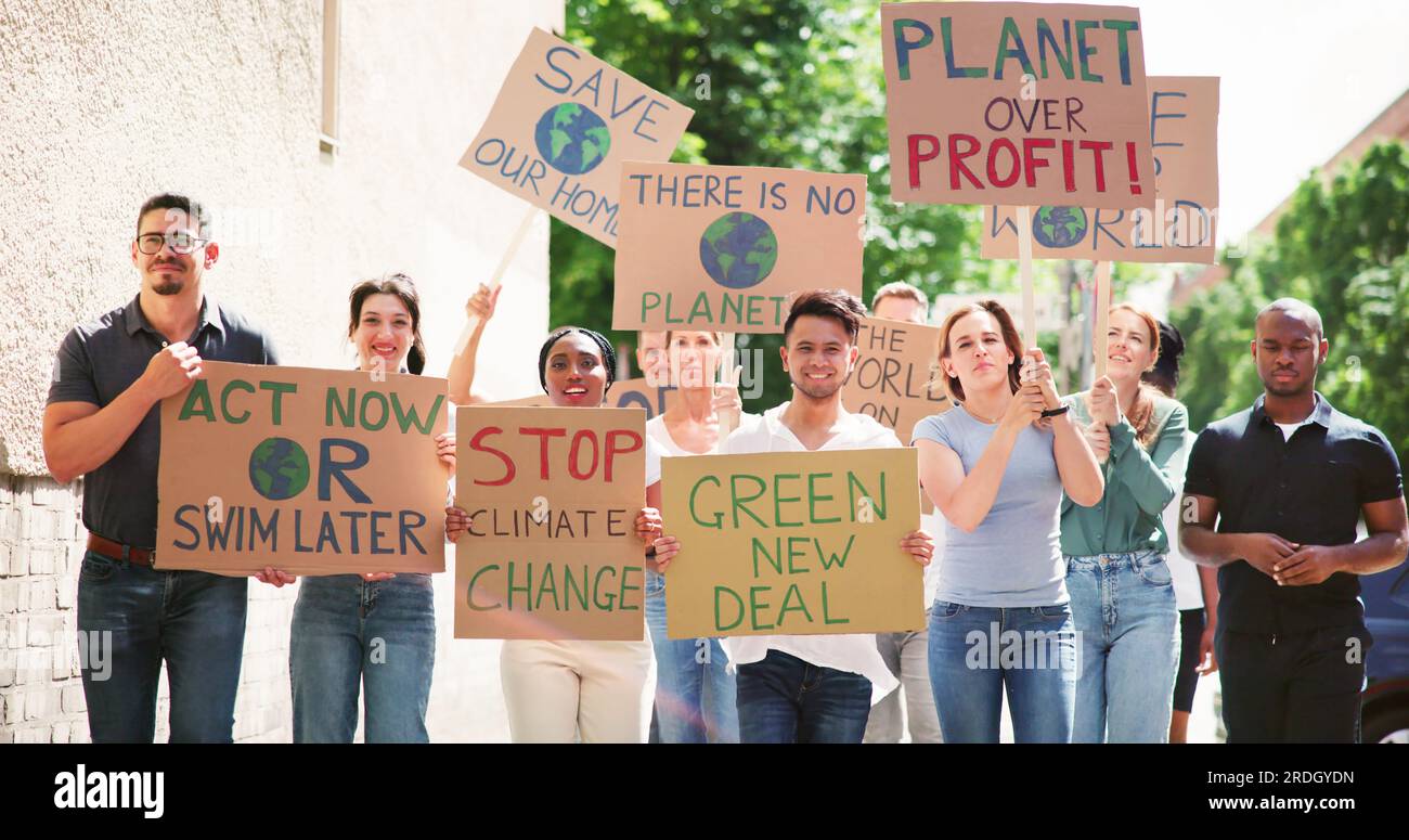 Earth Environment Activism. People With Green Change Banners Stock ...