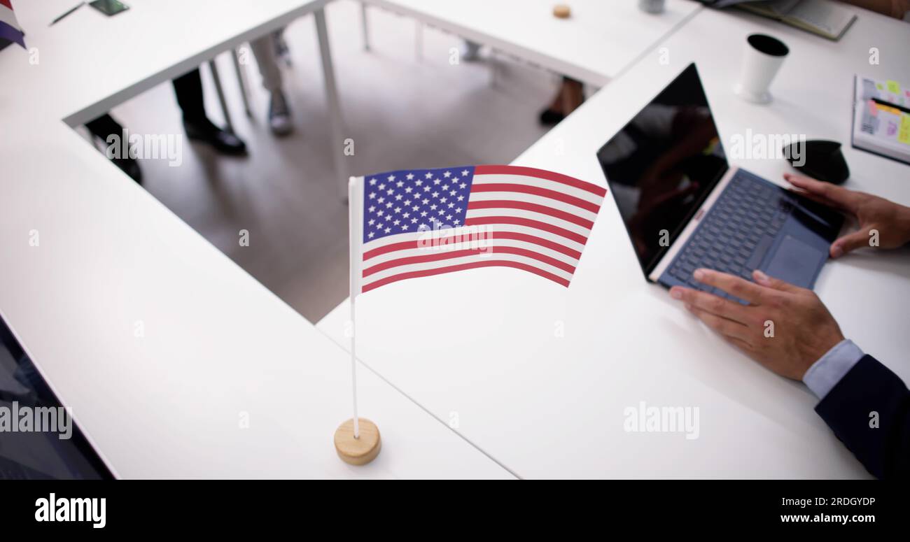 Politician Meeting And Group Discussion With Flags. Politics Conference ...