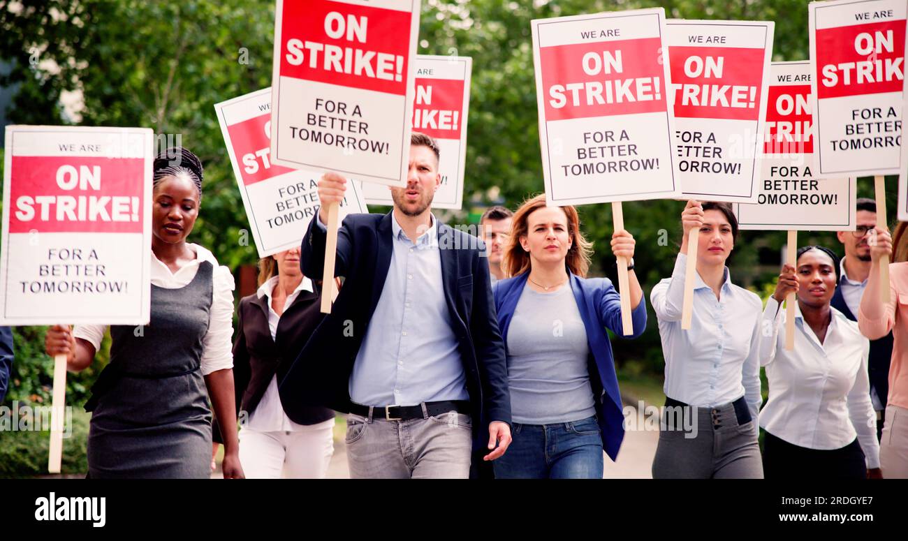 Workers Strike Demonstration In City. Labor Union March. Protest Rally ...