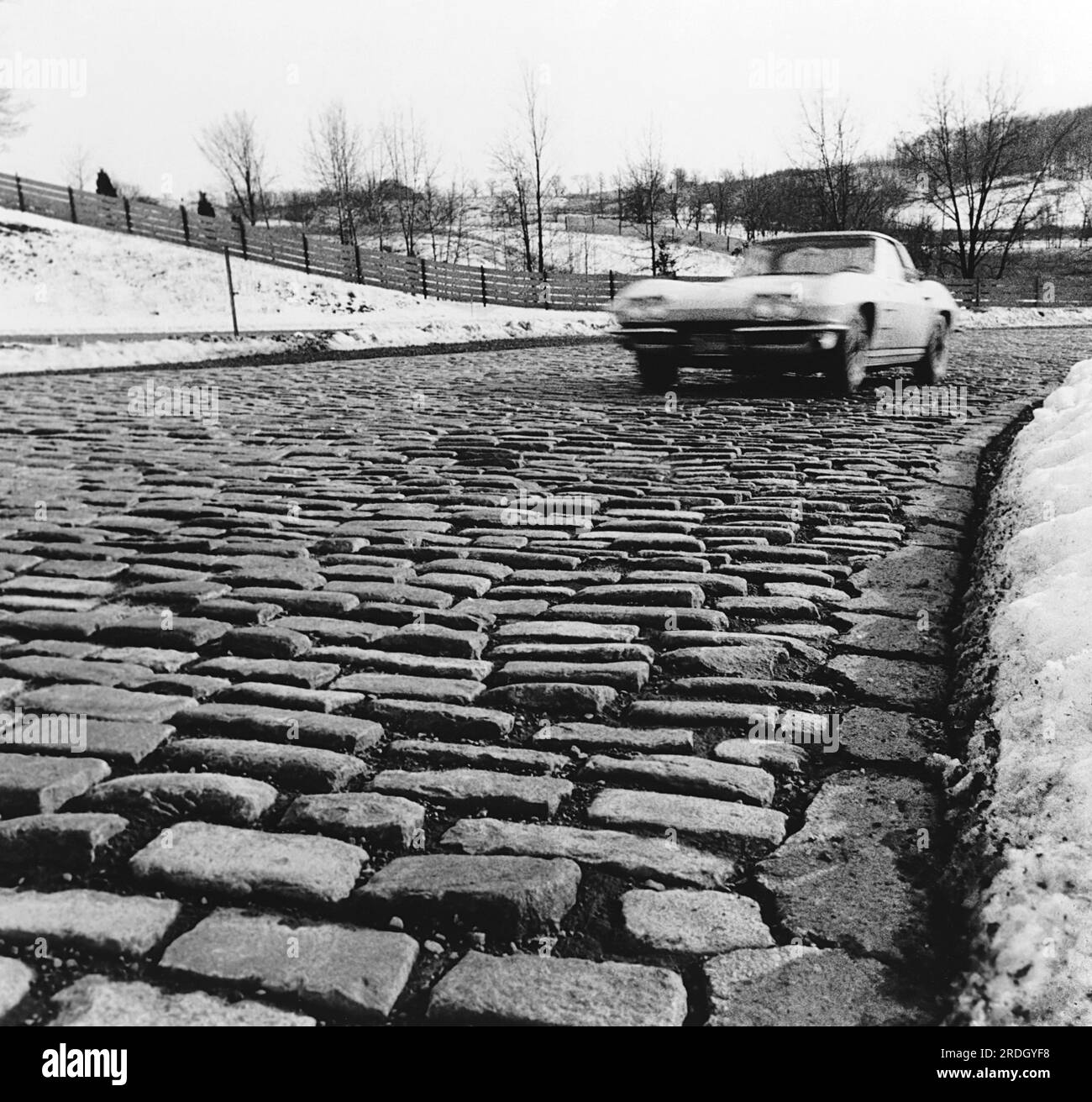 Detroit, Michigan: May, 1964 A Corvette test car on the "Belgian Block ...