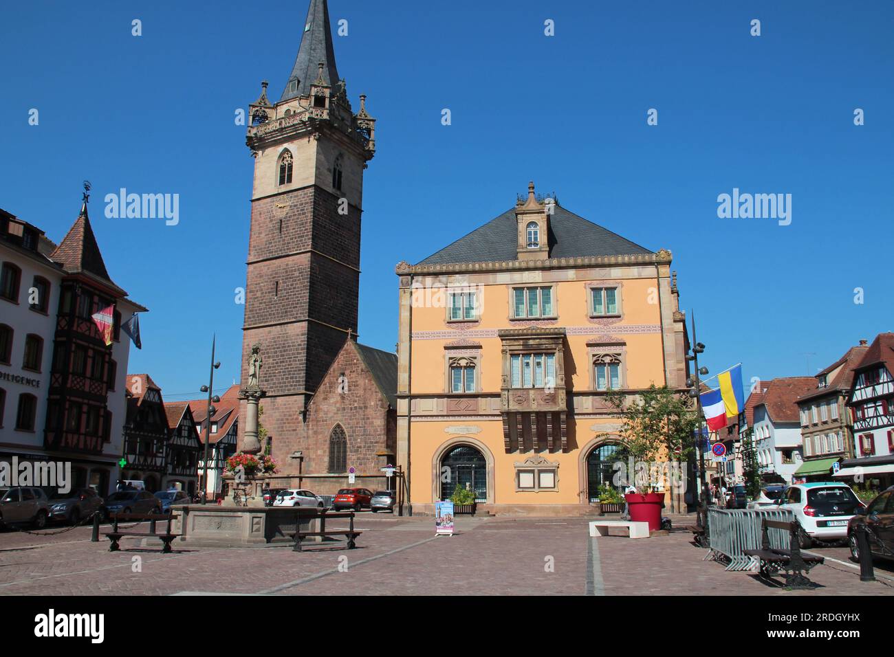 belfry (tour de la chapelle) and town hall in obernai in alsace (france ...