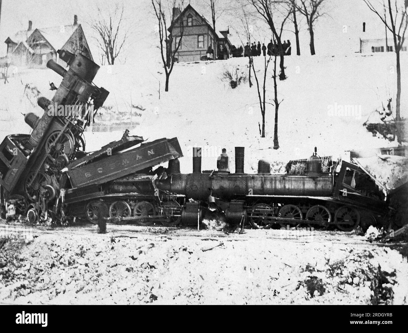 United States: c. 1880 A train wreck with what appears to be two ...