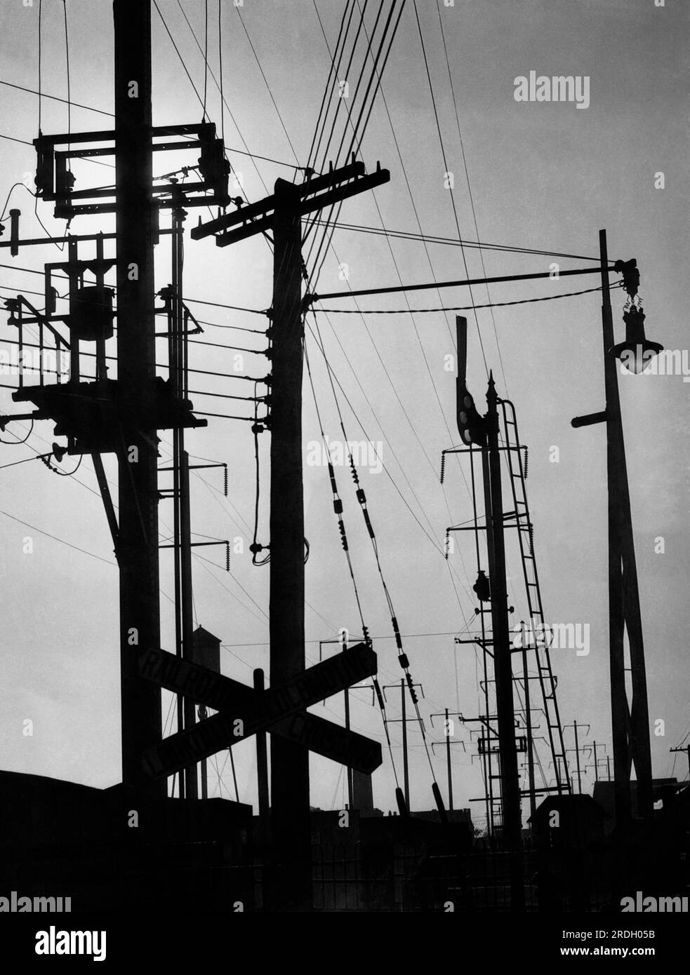 United States: c. 1925 Electric signal equipment in a railroad yard ...
