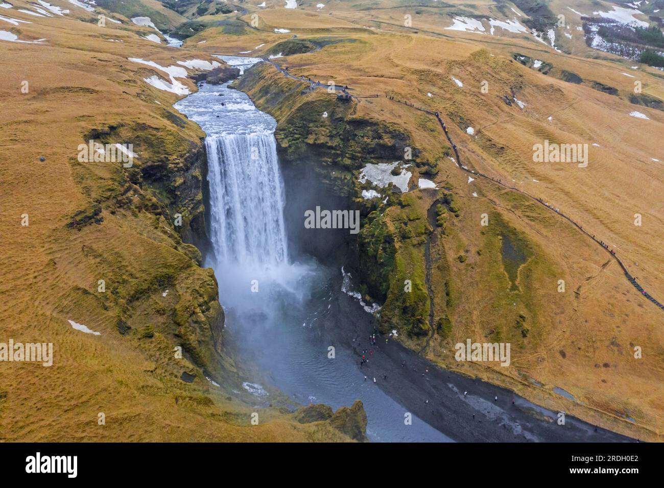 Aerial view over Skogafoss, 63 m high waterfall situated on the Skógá ...