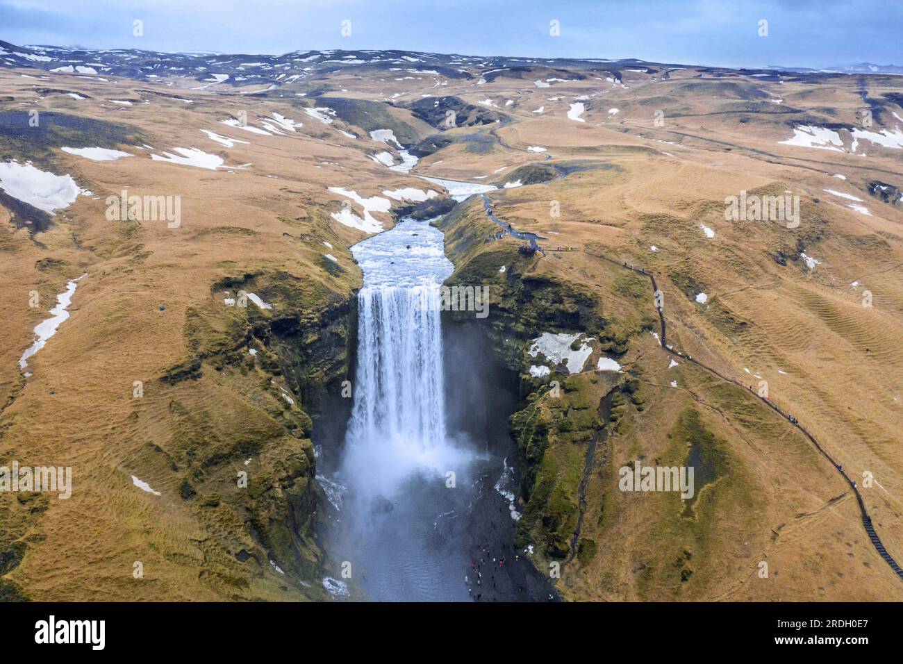 Aerial view over Skogafoss, 63 m high waterfall situated on the Skógá ...