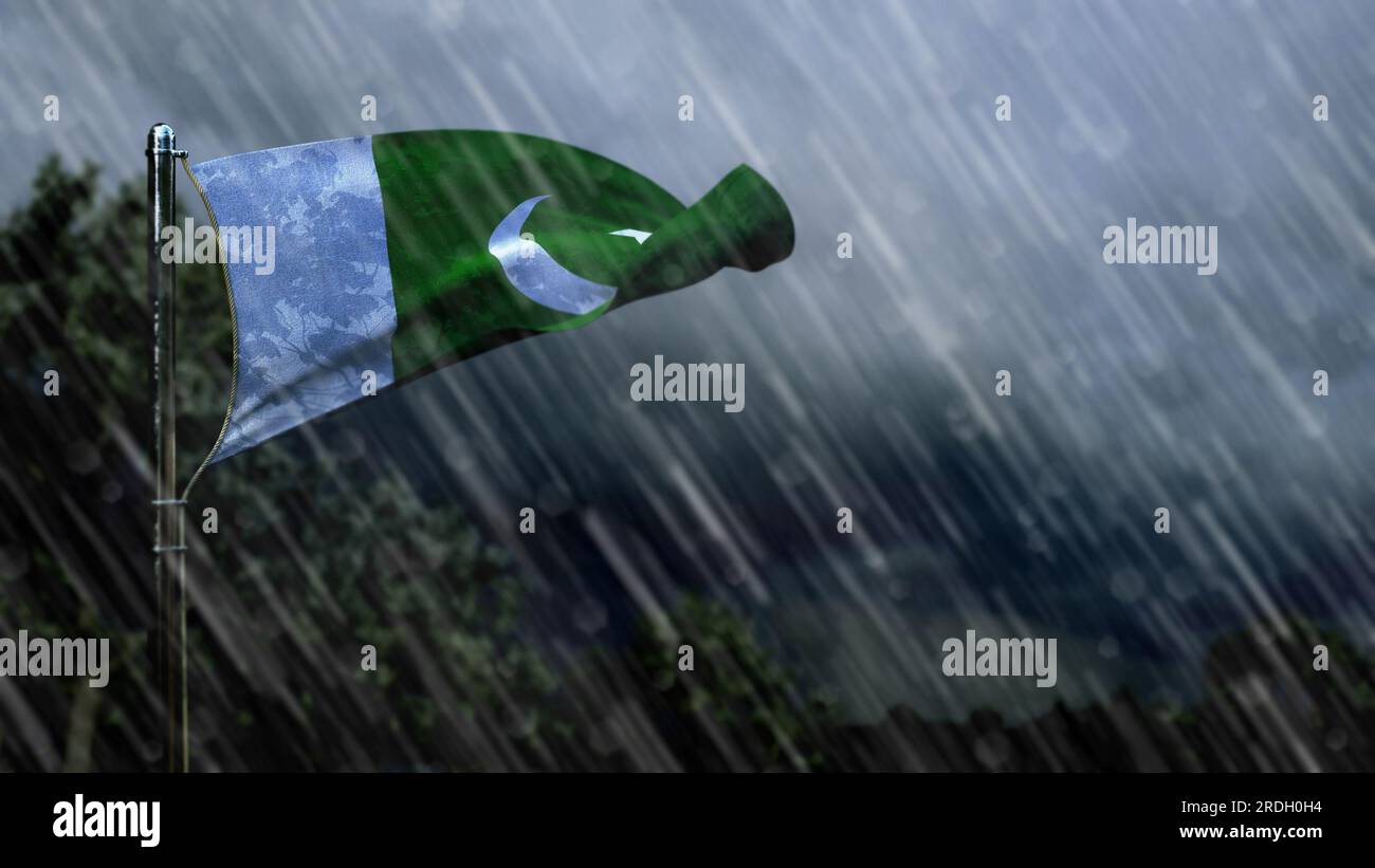 flag of Pakistan with rain and dark clouds, squall wind forecast symbol ...